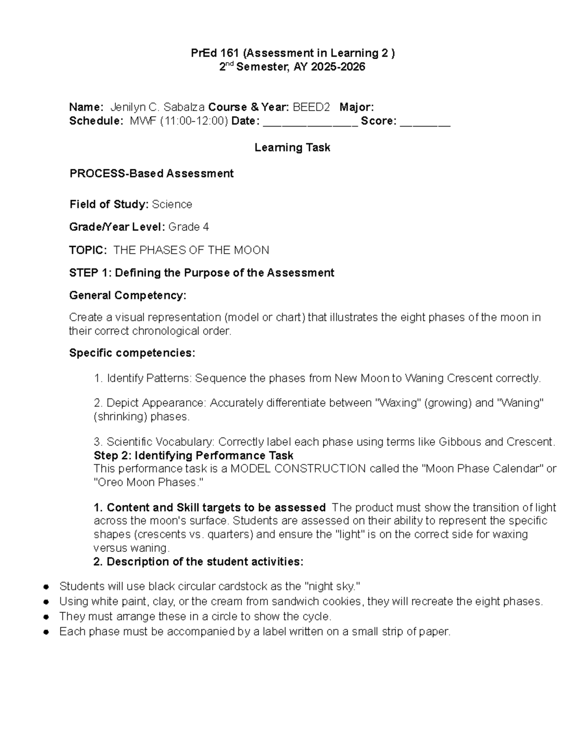 Analytic Rubric for the Moon Phases Model Task (PrEd 161) - Studocu