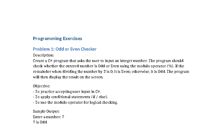 C# Programming Exercises: Odd/Even Checker & Discount Calculator - Studocu