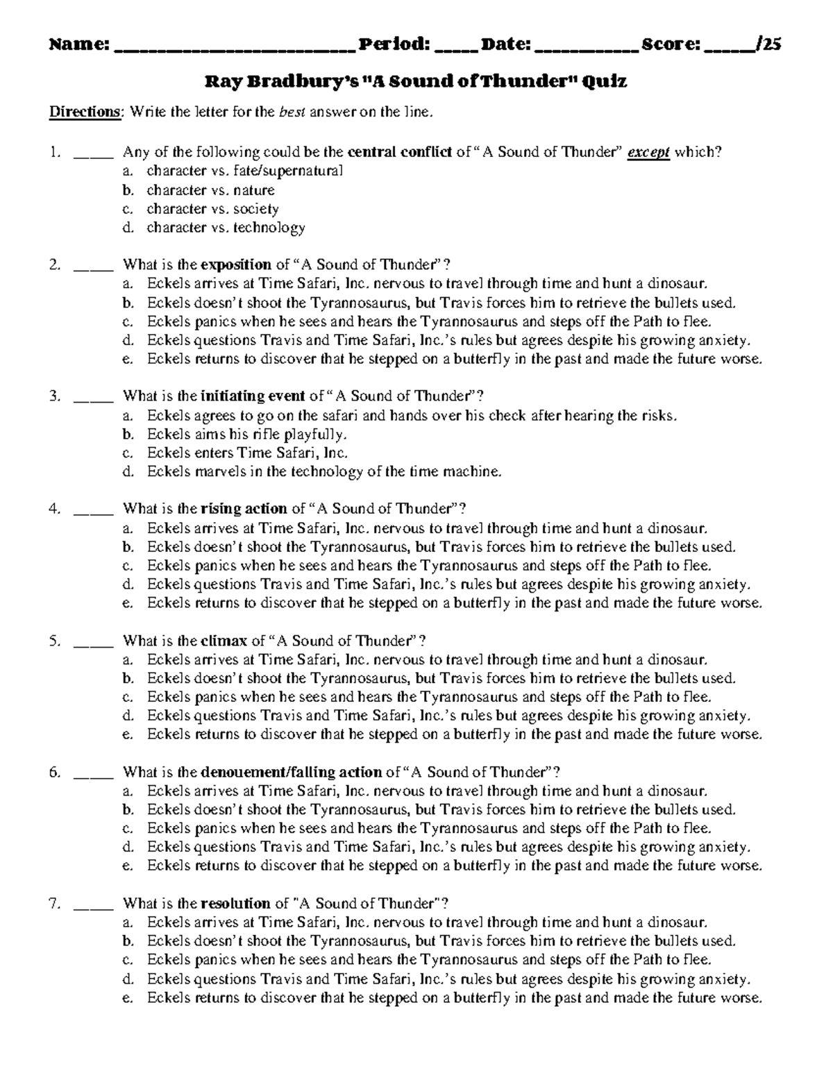 Ray Bradbury's "A Sound of Thunder" Quiz & Answer Key (Final Exam ...