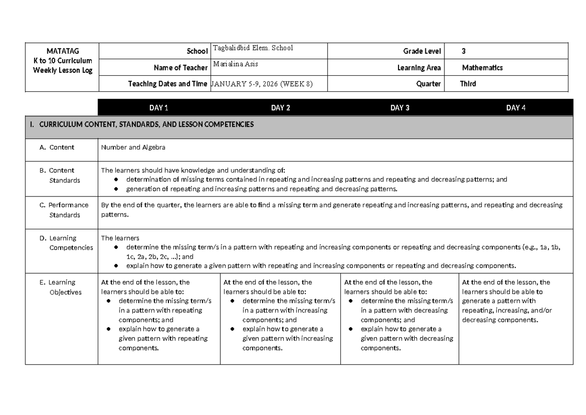 MATH 3 DLL Q3 W8 - Weekly Lesson Log on Number & Algebra - Studocu
