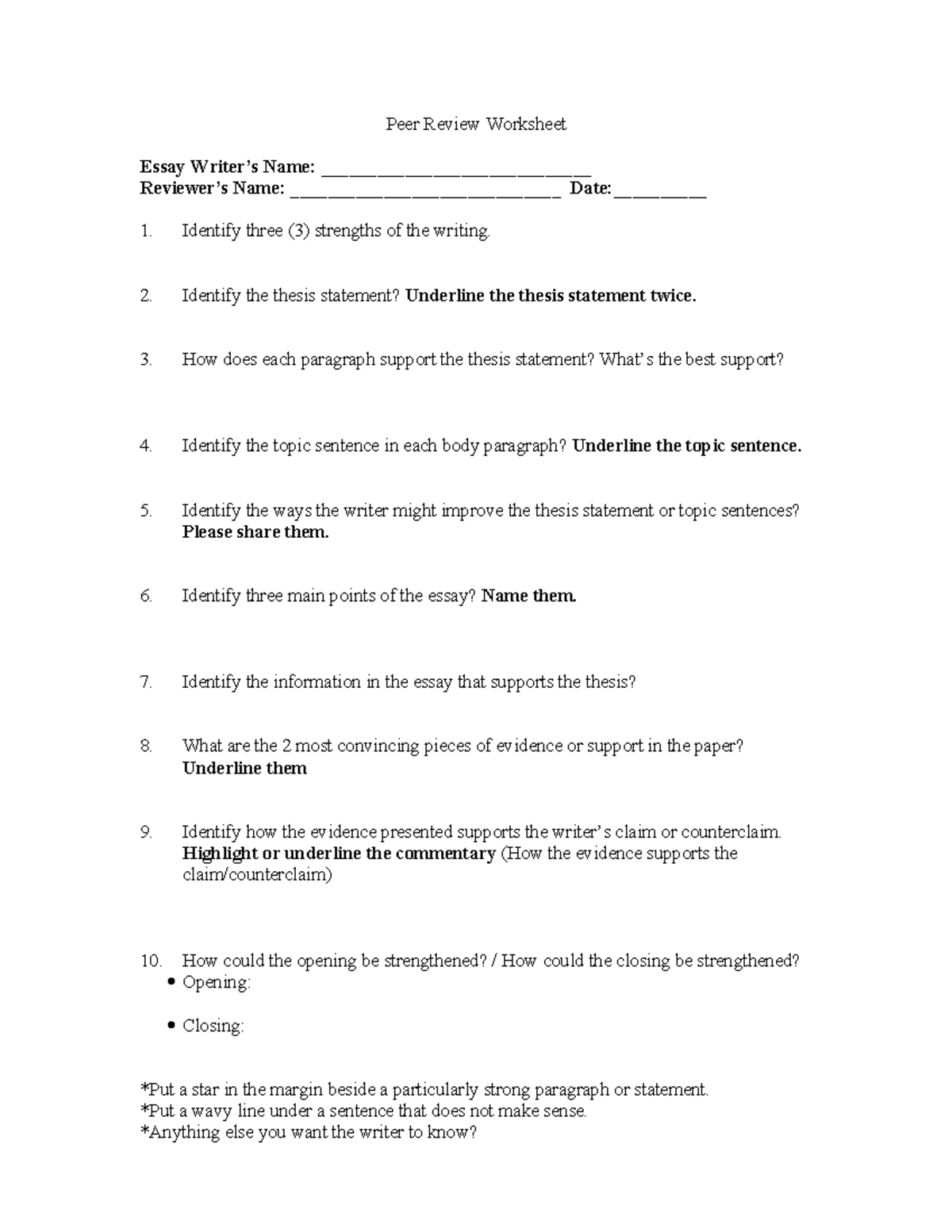 Peer Review Worksheet for Essay Evaluation - Studocu