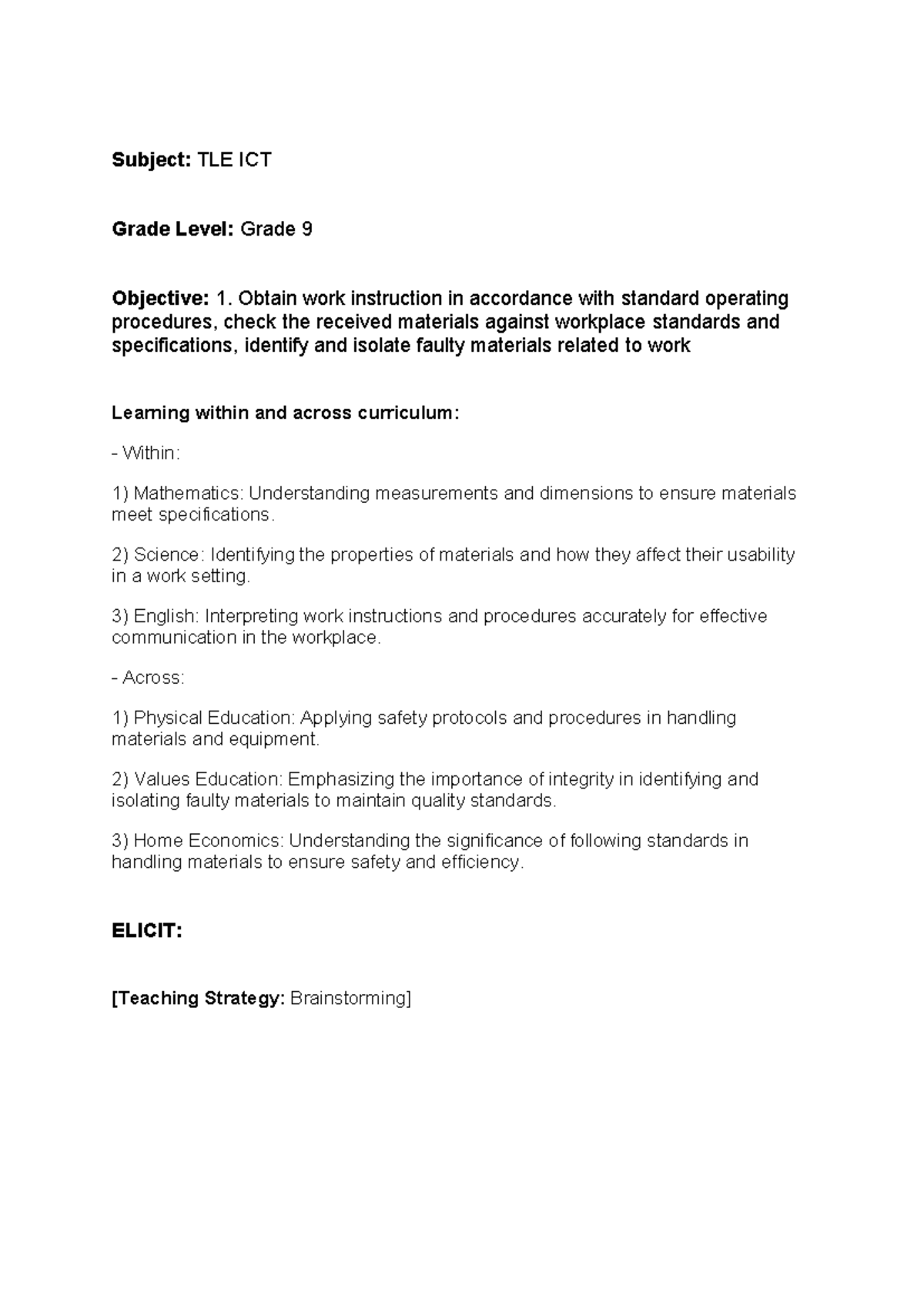 Lesson Plan for ICT9: Week 1 - Material Inspection and Quality Control ...