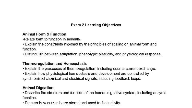 Exam 2 Learning Objectives: Animal Form & Function Insights - Studocu