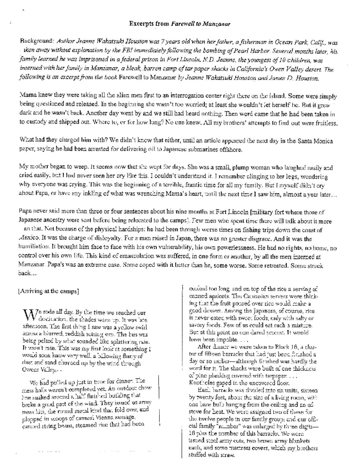 Excerpts from Farewell to Manzanar: A Study of Internment Experiences ...