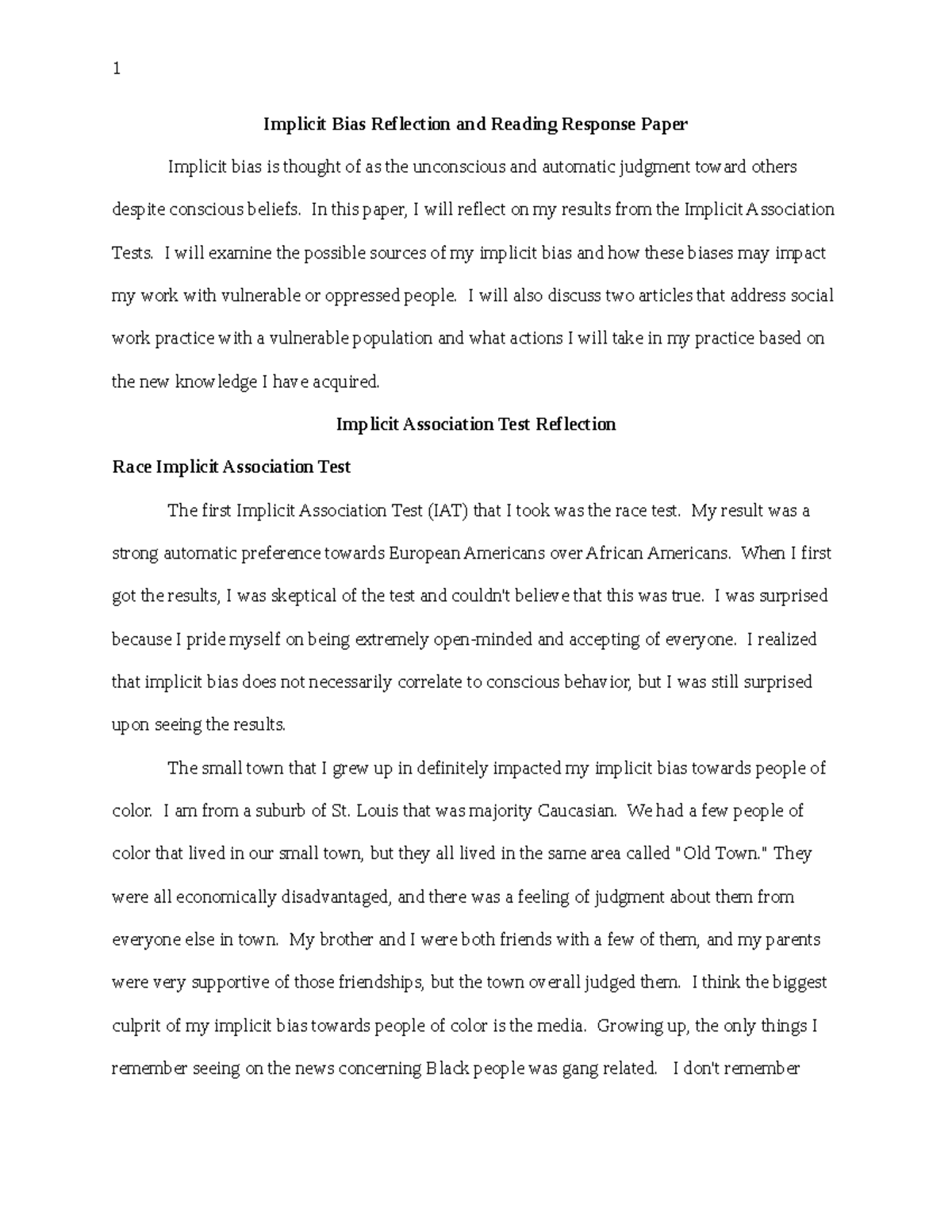 Implicit Bias Paper Frederick Sarah - Implicit Bias Reflection and ...