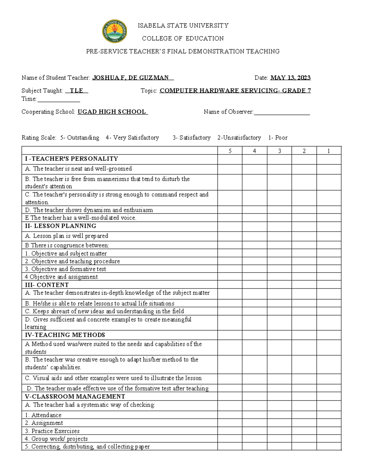 ISU-EDUC-Pre-Service Teacher Final Demo Teaching Score Sheet - Studocu