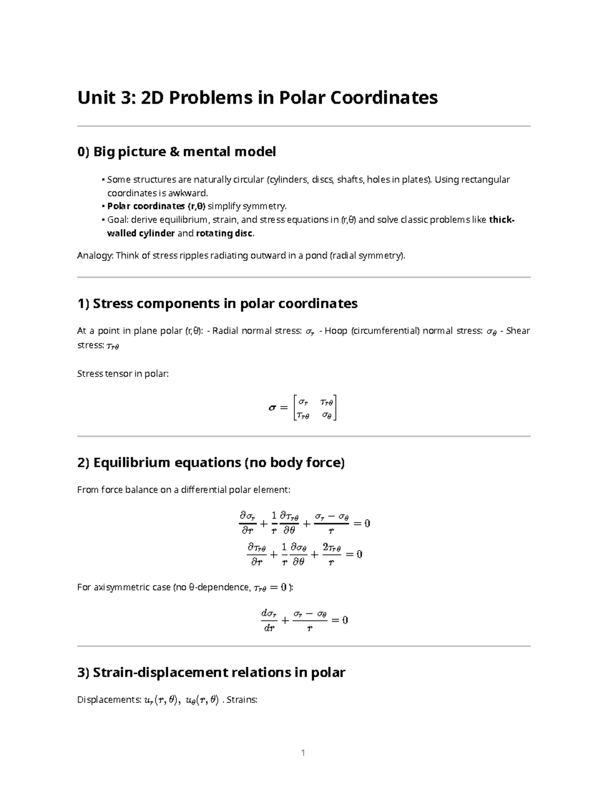 VTU Continuum Mechanics - Unit 3: 2D Polar Coordinate Problems - Studocu