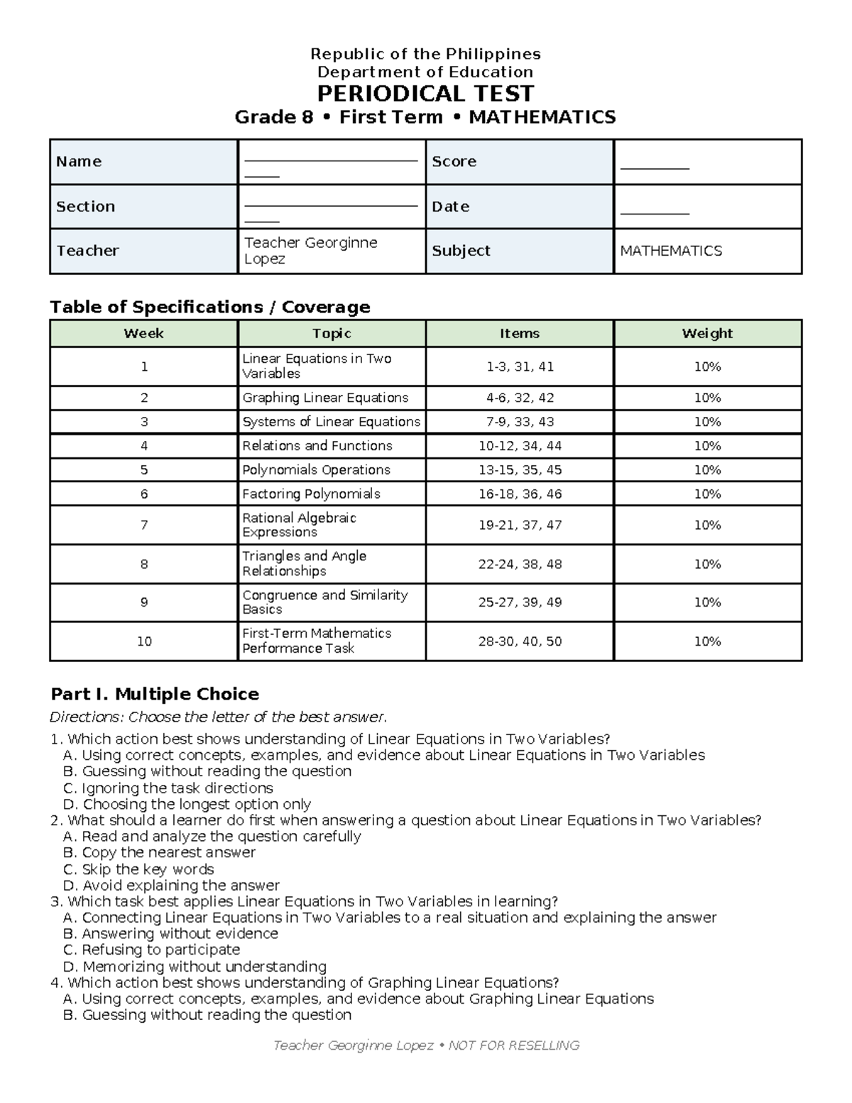 Grade 8 MATHEMATICS First Term Periodical Test - Studocu