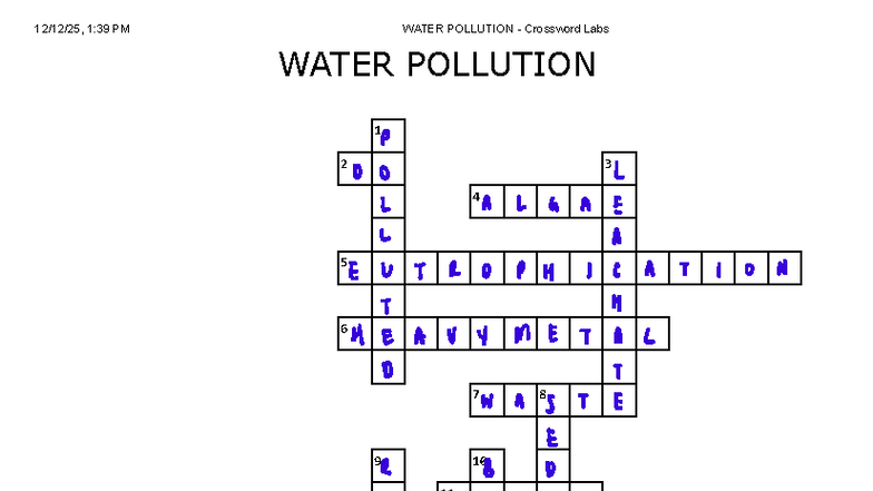 Water Pollution Crossword Puzzle - Crossword Labs - Studocu