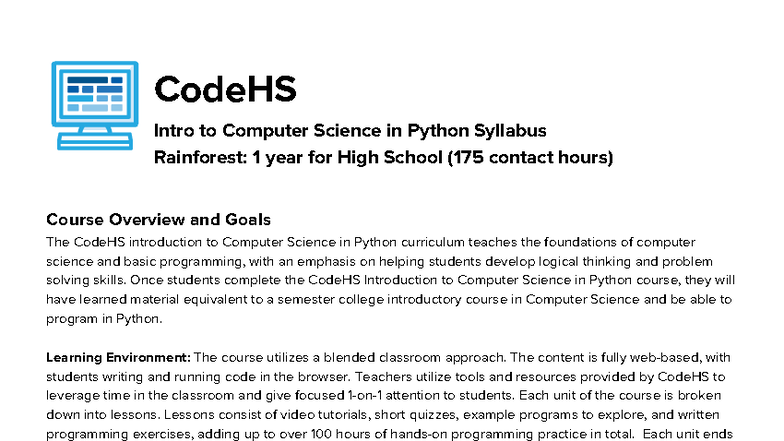 CodeHS Intro to CS in Python Syllabus - High School (1 Year) - Studocu