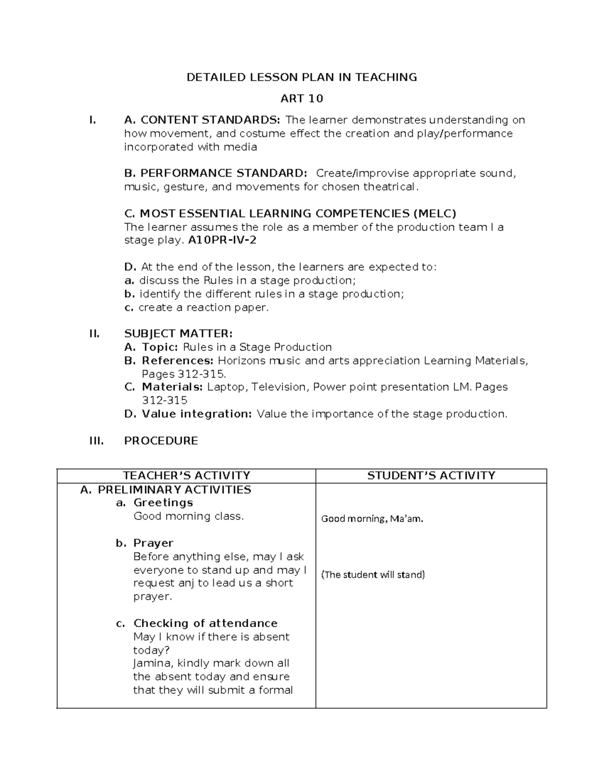 DETAILED LESSON PLAN: ROLES IN STAGE PRODUCTION (ART 10) - Studocu