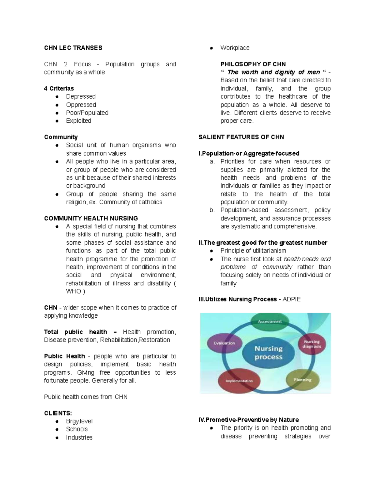 CHN LEC Transes: Community Health Nursing Overview and Key Concepts - Studocu