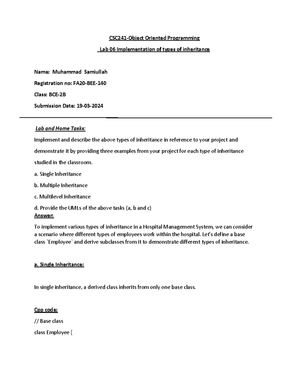 FA20-BEE-140 OOP l AB 06 06 - CSC241-Object Oriented Programming Lab 06 Implementation of types ...