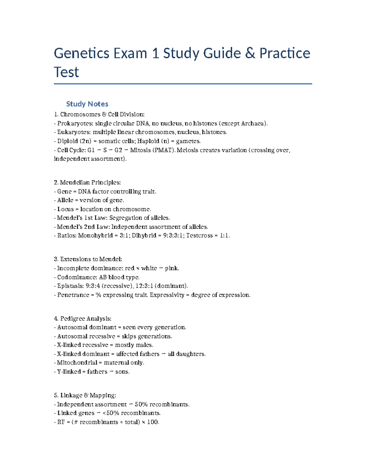 Genetics 101: Exam 1 Study Guide & Practice Test Notes - Studocu