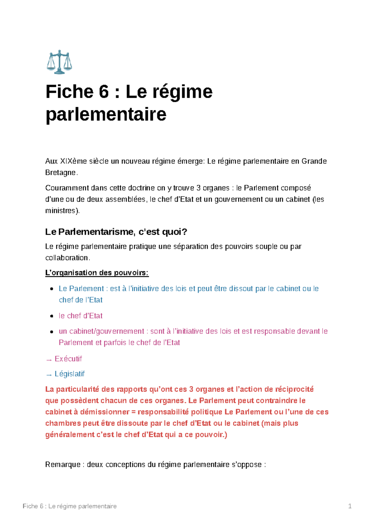 Fiche 6 : Comprendre le Régime Parlementaire et ses Caractéristiques ...