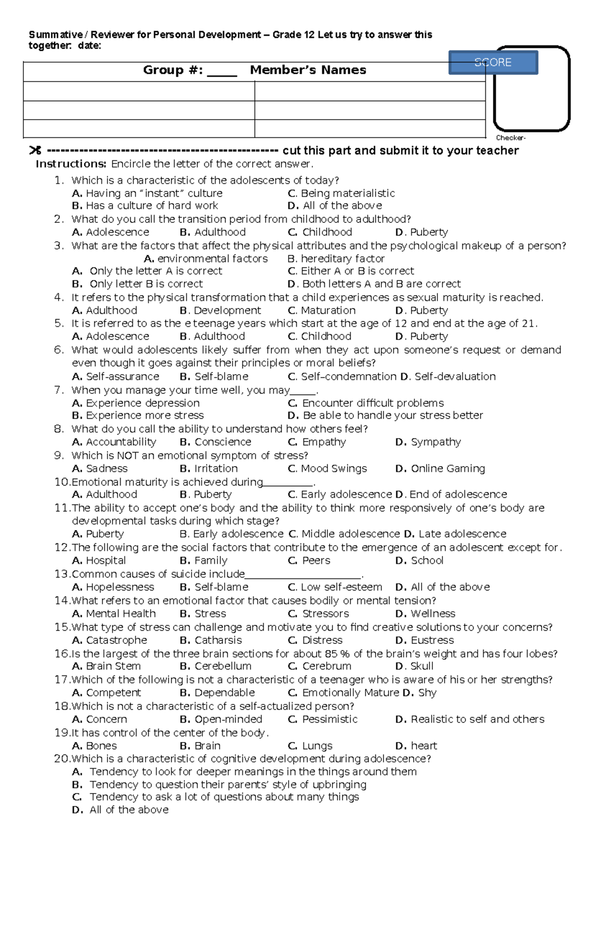 Grade 12 Personal Development: Summative Reviewer and Answer Key - Studocu