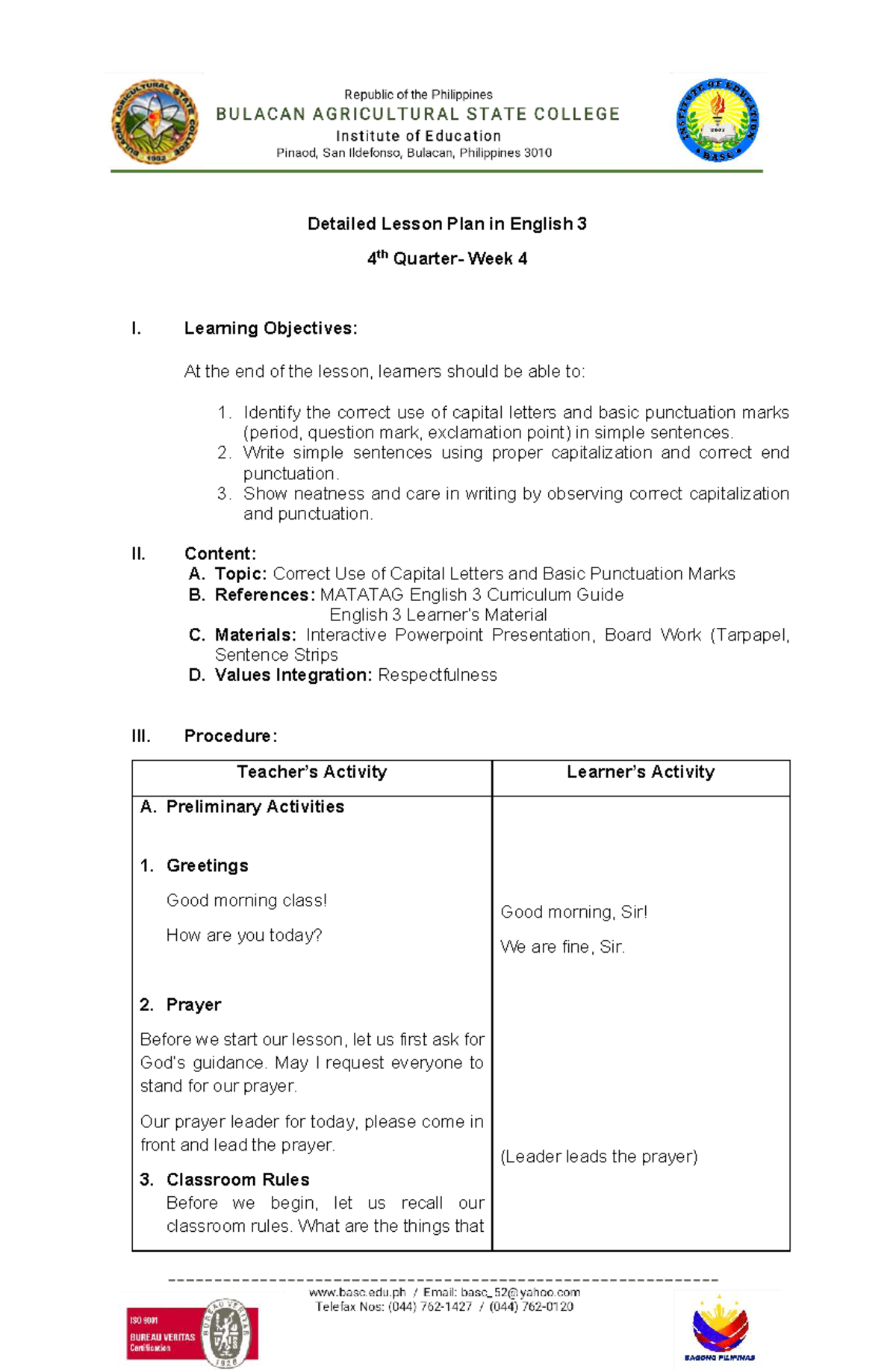 Detailed Lesson Plan in English 3: Capitalization & Punctuation - Studocu