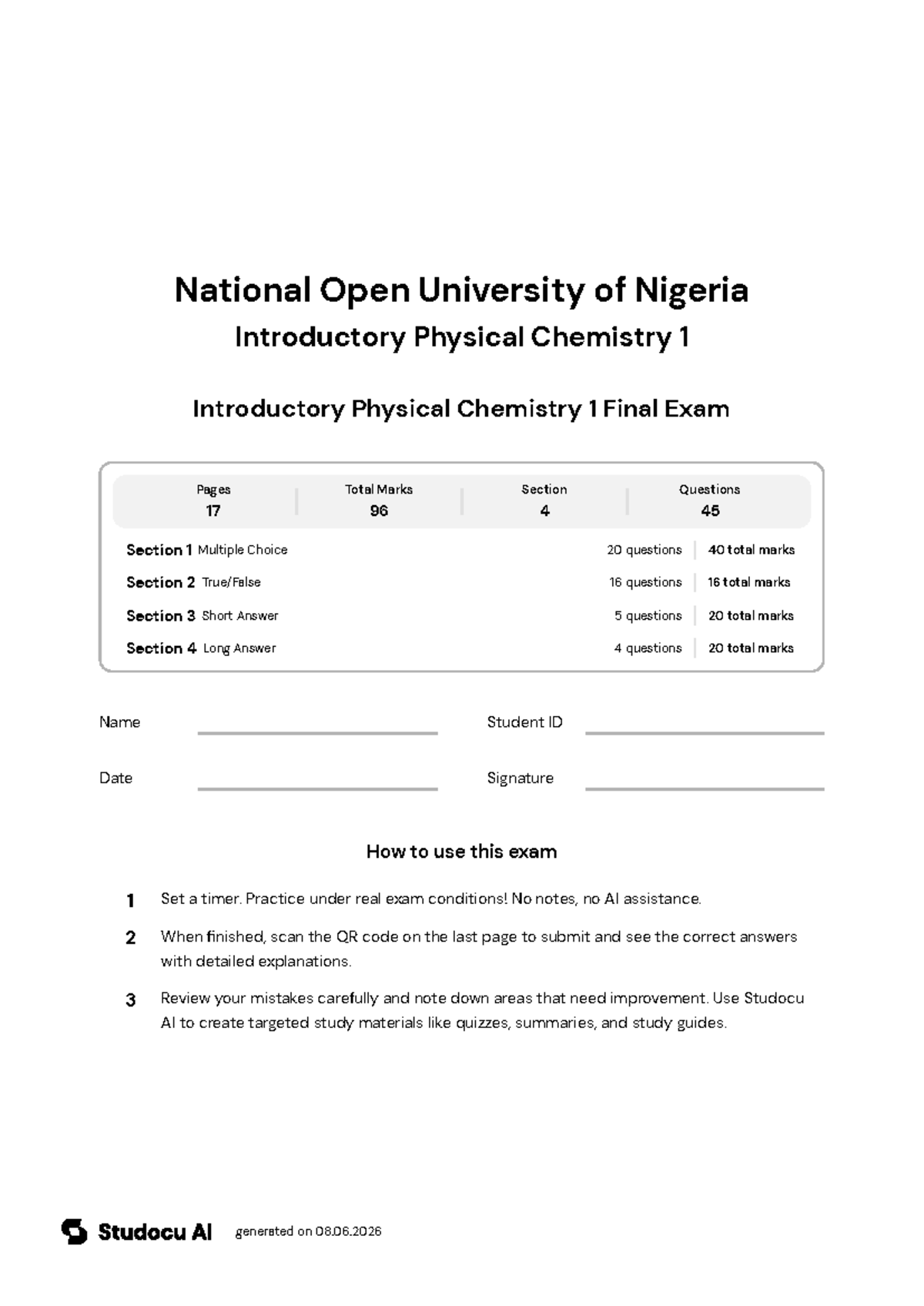 Introductory Physical Chemistry 1 Final Exam - Studocu