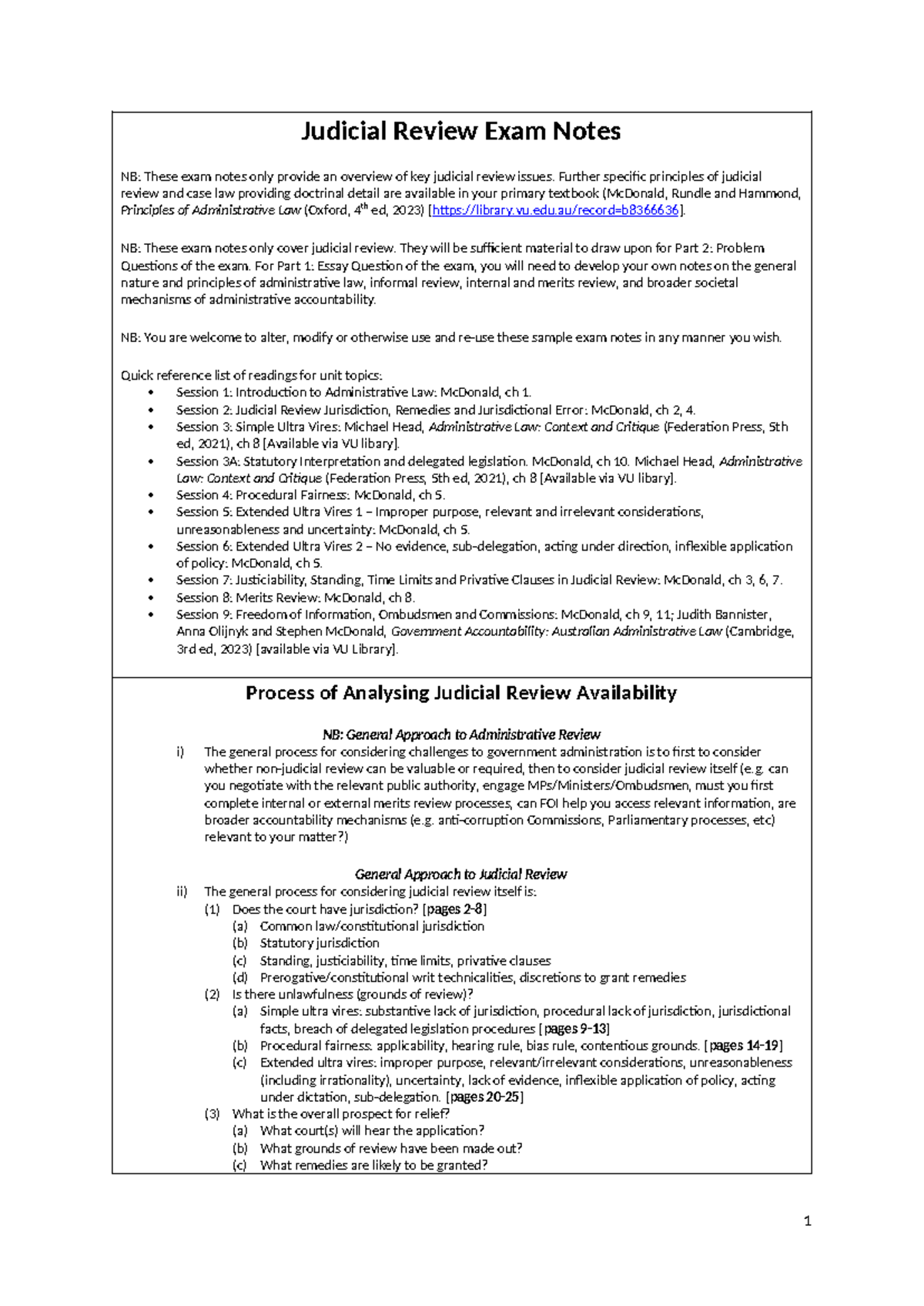Judicial Review Exam Notes: Key Issues and Principles Overview - Studocu