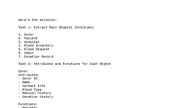 AS304 - Blood Management System: Main Objects & Relationships - Studocu