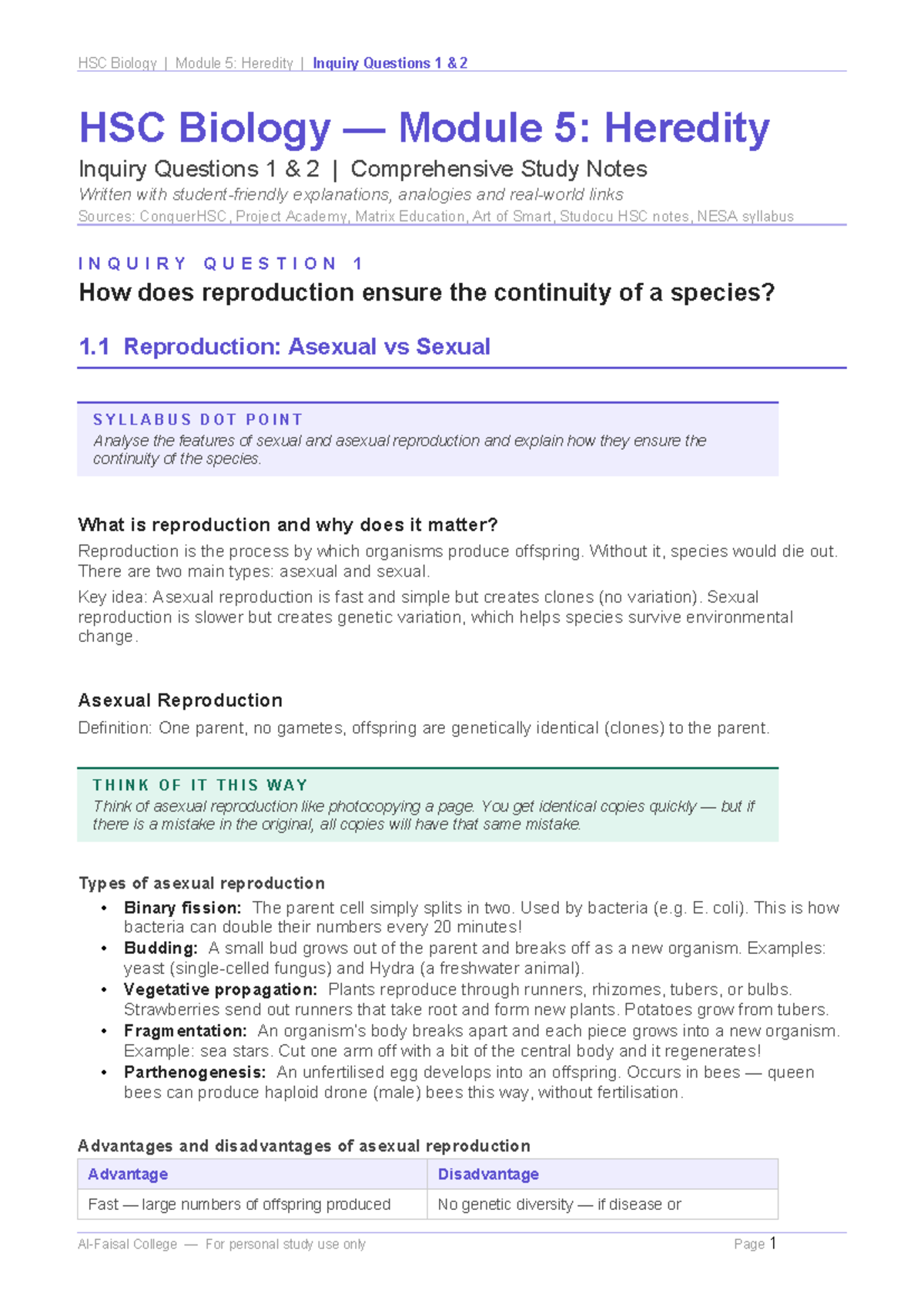 HSC Biology Module 5: Heredity Inquiry Questions Study Notes - Studocu