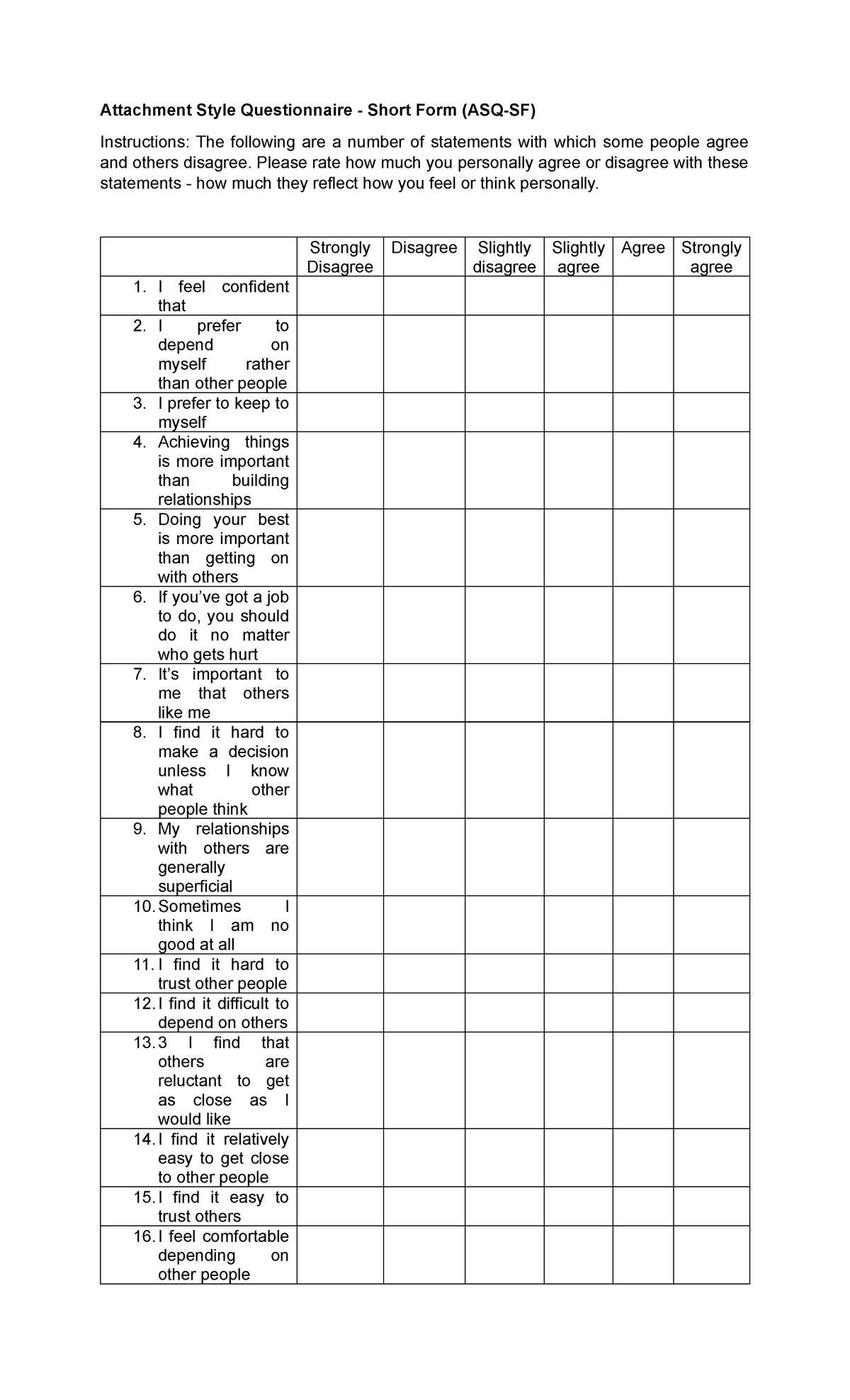 ASQ-SF: Attachment Style Questionnaire - Short Form Analysis - Studocu
