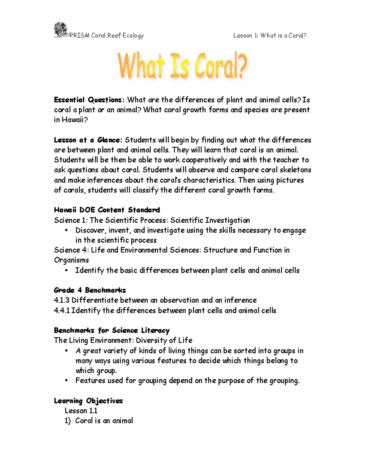 PRISM Coral Reef Ecology Lesson 1: Understanding Coral and Cells - Studocu