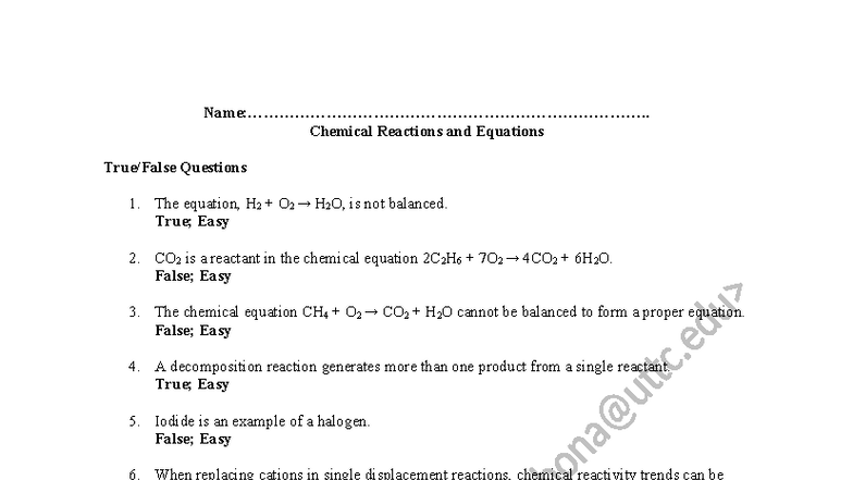 Chemical Reactions & Equations: True/False & MCQ Review for Exam - Studocu