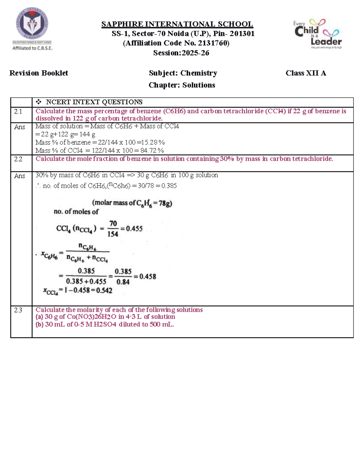 Chemistry Class XII A NCERT Solutions: Chapter on Solutions - Studocu