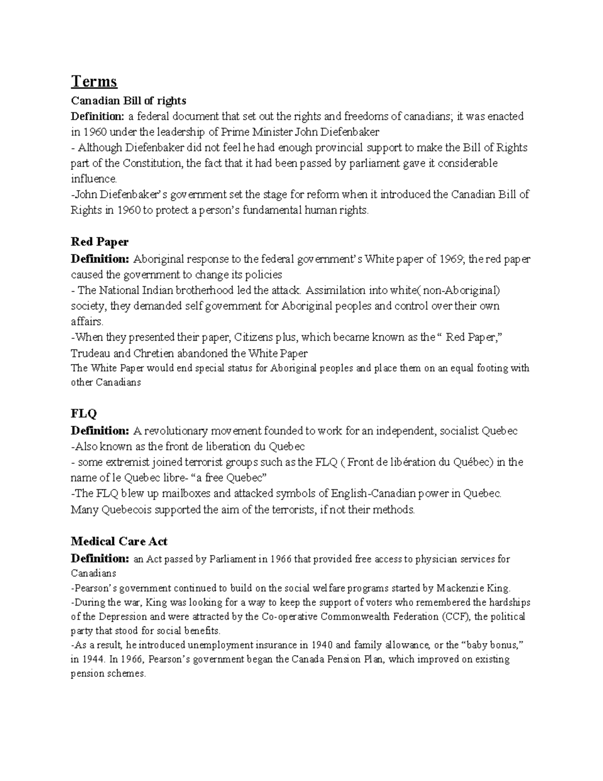 Canadian History: Key Terms and Concepts (HIST 101) - Studocu