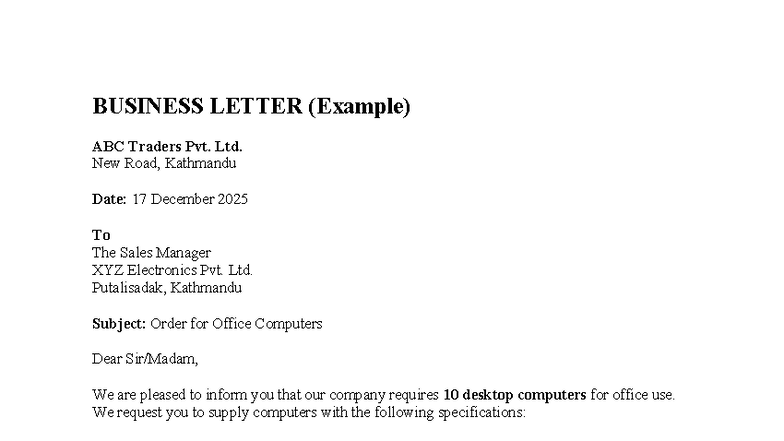 BUSINESS WRITING: Sample Business Letter for Order - Studocu