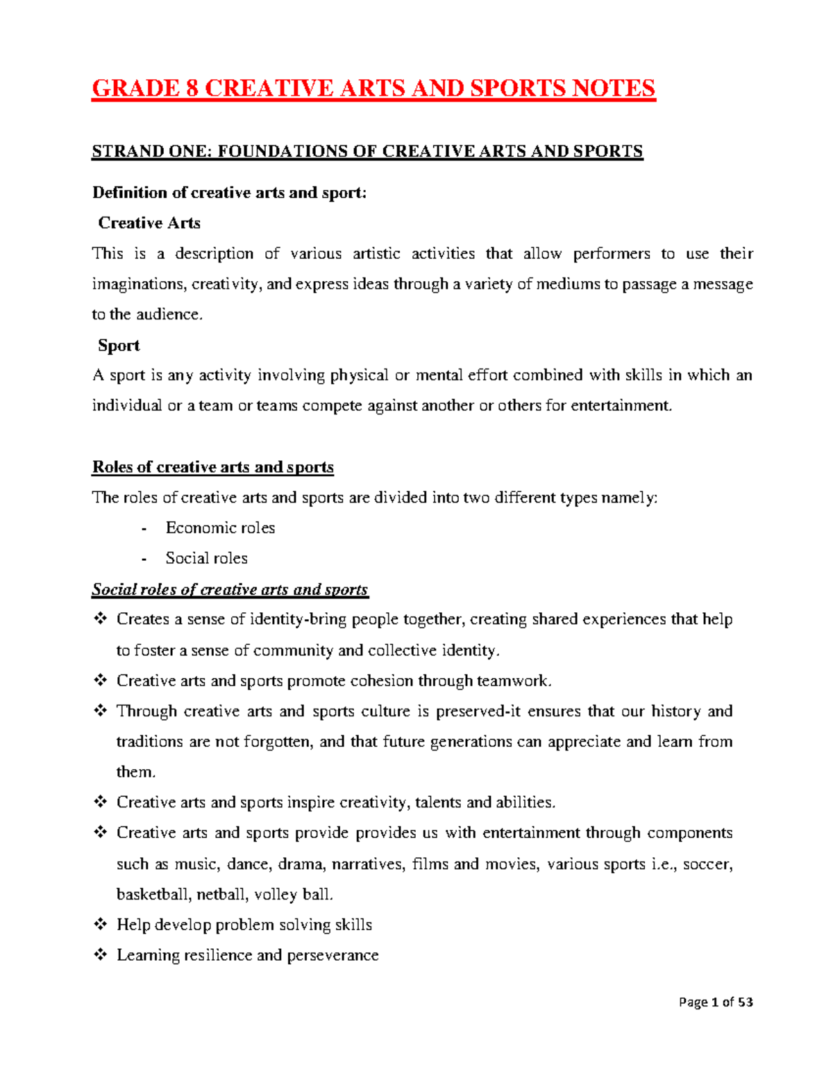 GRADE 8 CREATIVE ARTS & SPORTS LESSON NOTES: FOUNDATIONS & COMPONENTS ...