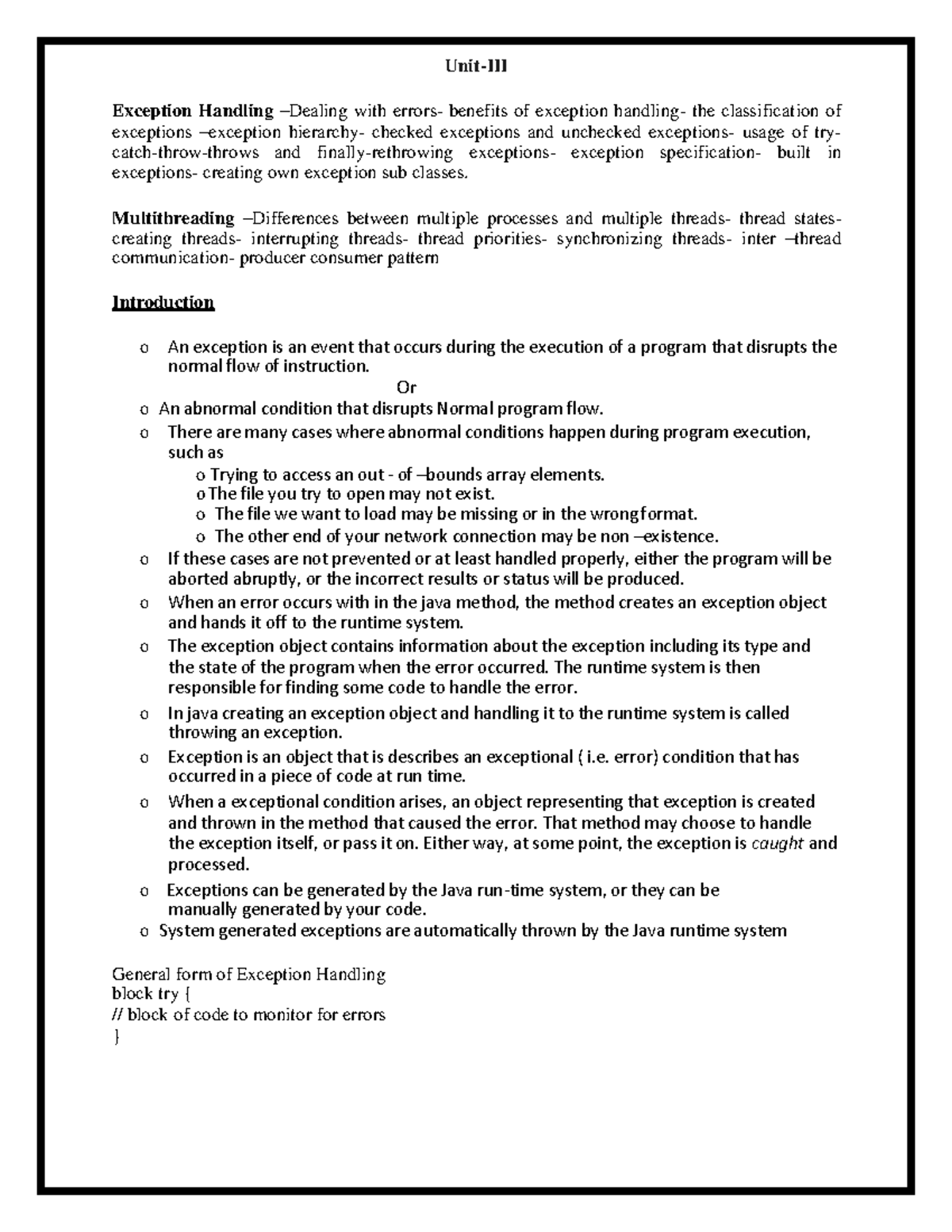 JAVA3 Exception Handling & Multithreading Overview and Insights - Studocu