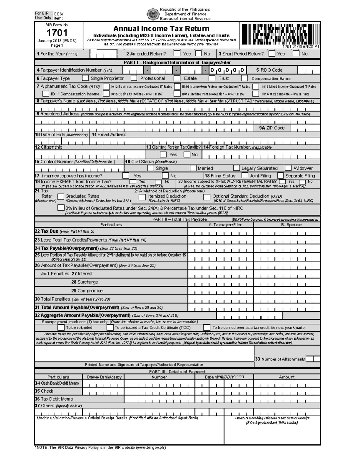1701 - hahagaga - BIR Form No. 1701 January 2018 (ENCS) Page 1 Annual ...