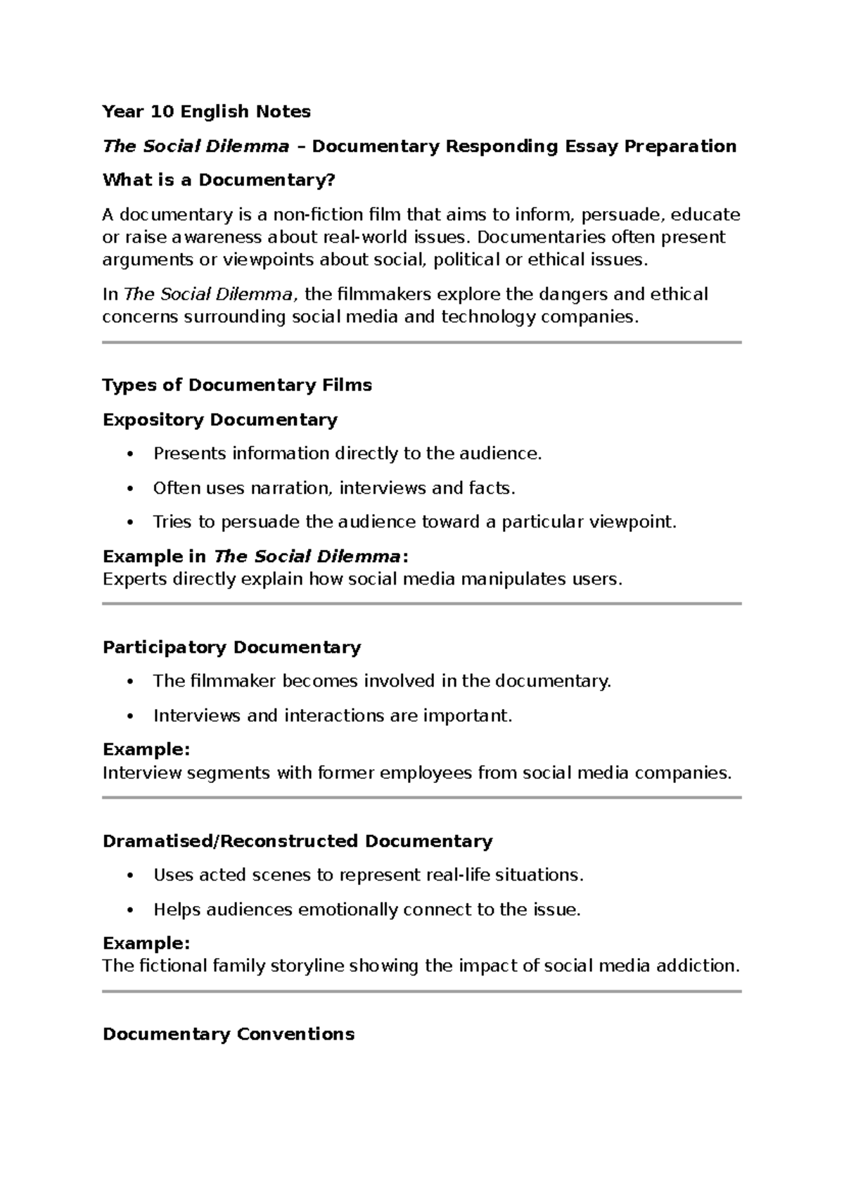 Yr 10 English: The Social Dilemma Documentary Essay Prep Notes - Studocu