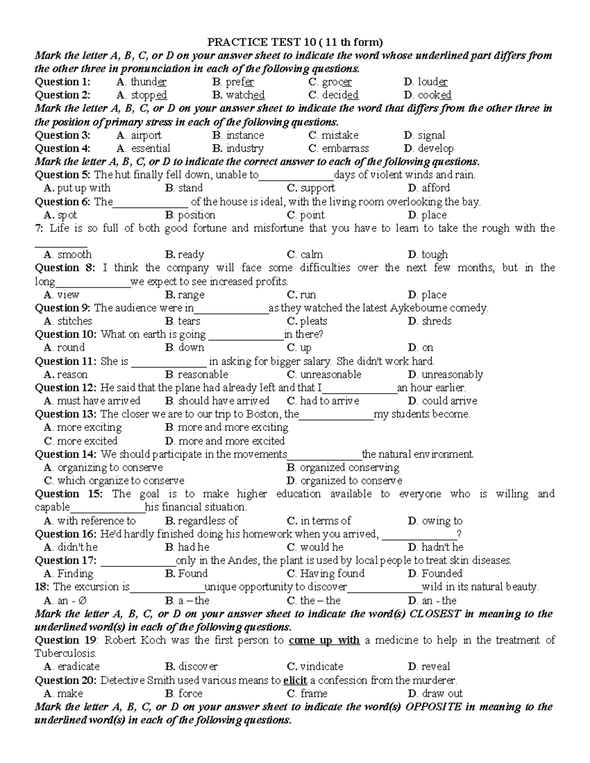 Practice-TEST-10 - on tap - PRACTICE TEST 10 ( 11 th form) Mark the ...