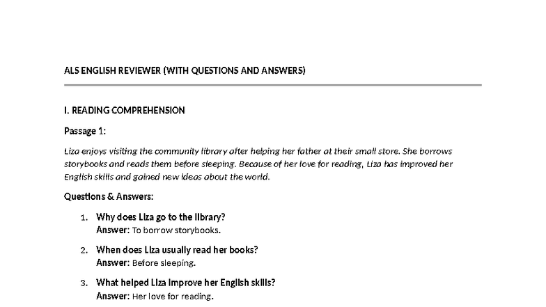 ALS ENGLISH REVIEWER: READING, VOCAB, & LIT PRACTICE - Studocu