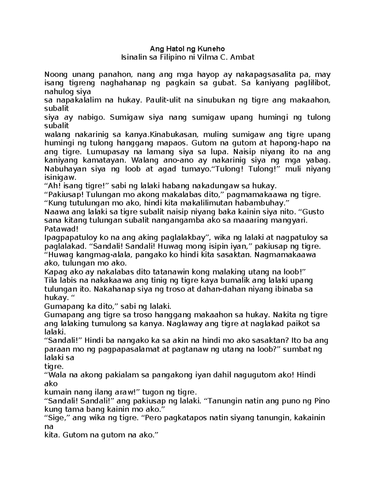 Ang Hatol ng Kuneho: Isang Kuwento ng Utang na Loob - Studocu