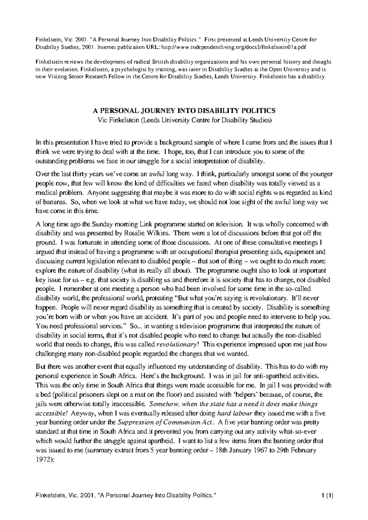 A PERSONAL JOURNEY INTO DISABILITY POLITICS: Reflections by Vic ...