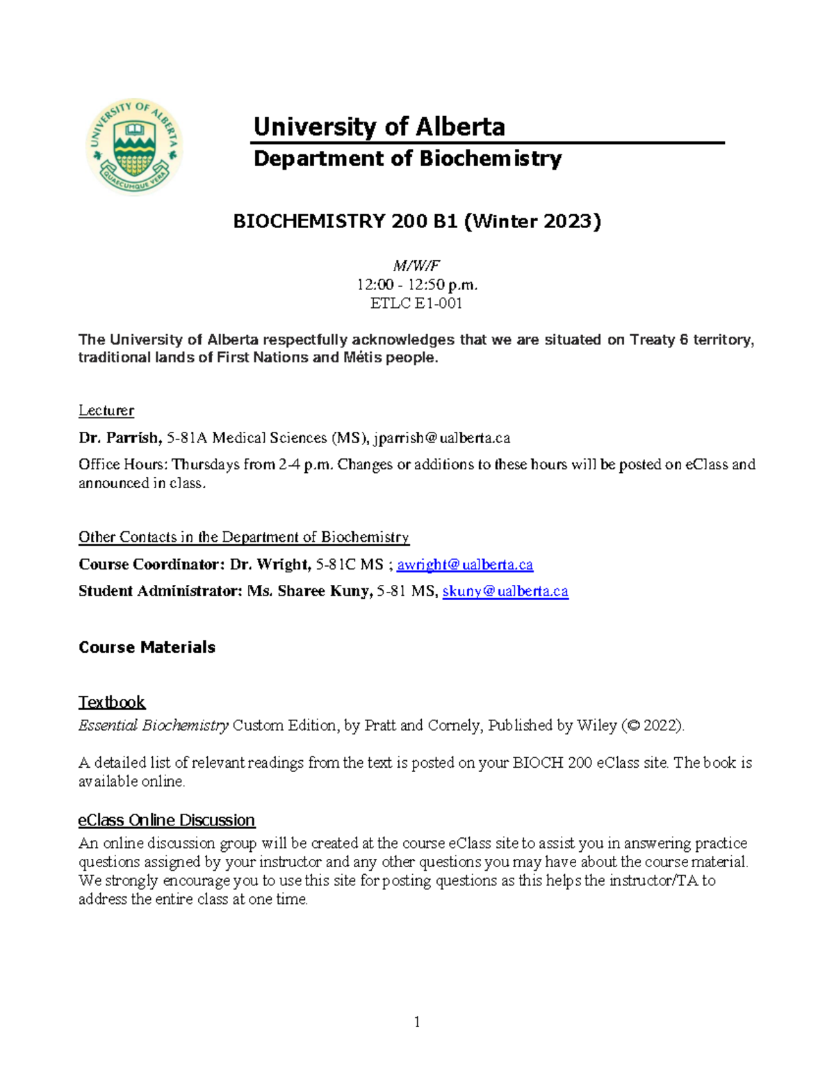 BIOCH 200 B1 Course Outline and Assessment Guide - Winter 2023 - Studocu