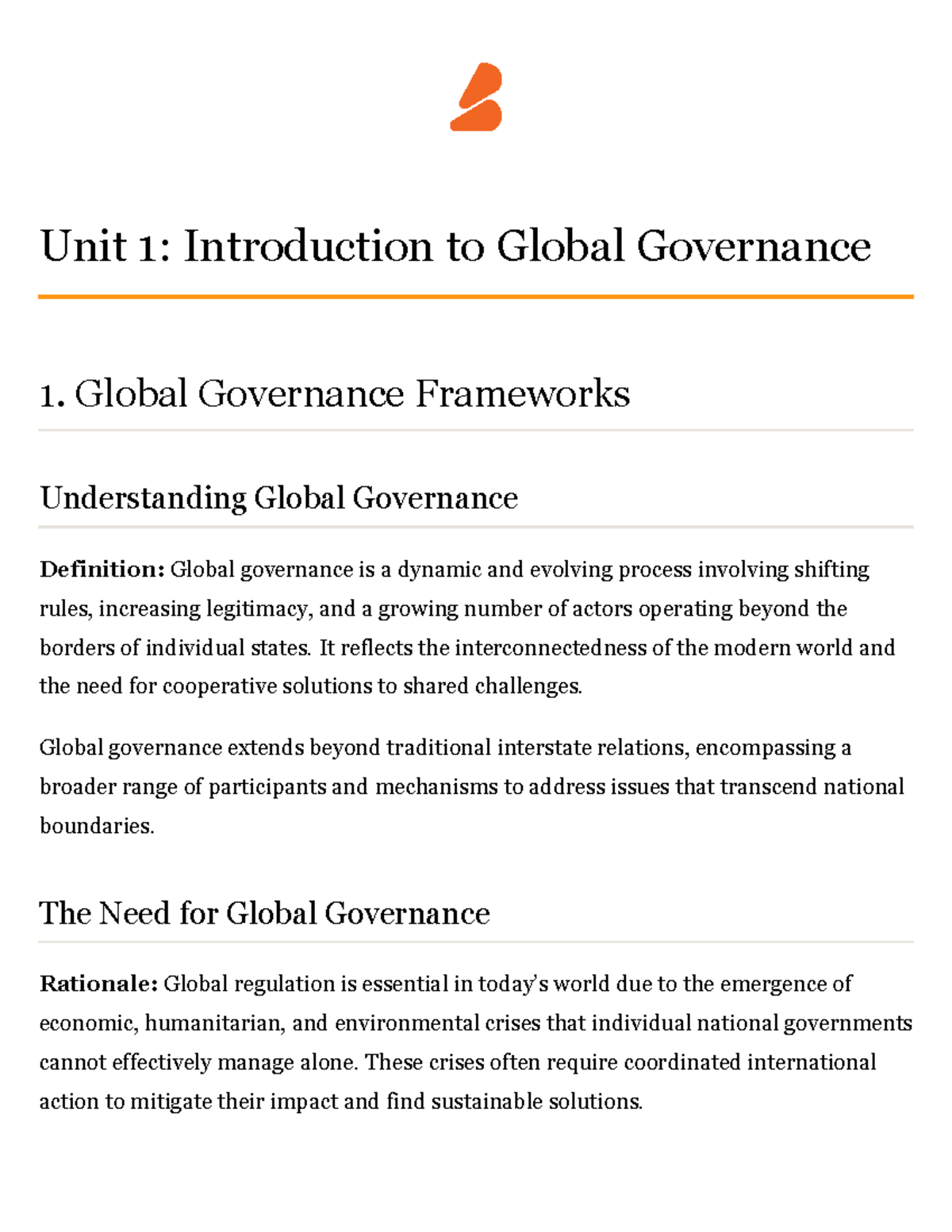 Unit 1: Intro to Global Governance - Session 1 to 5 Study Guide - Studocu
