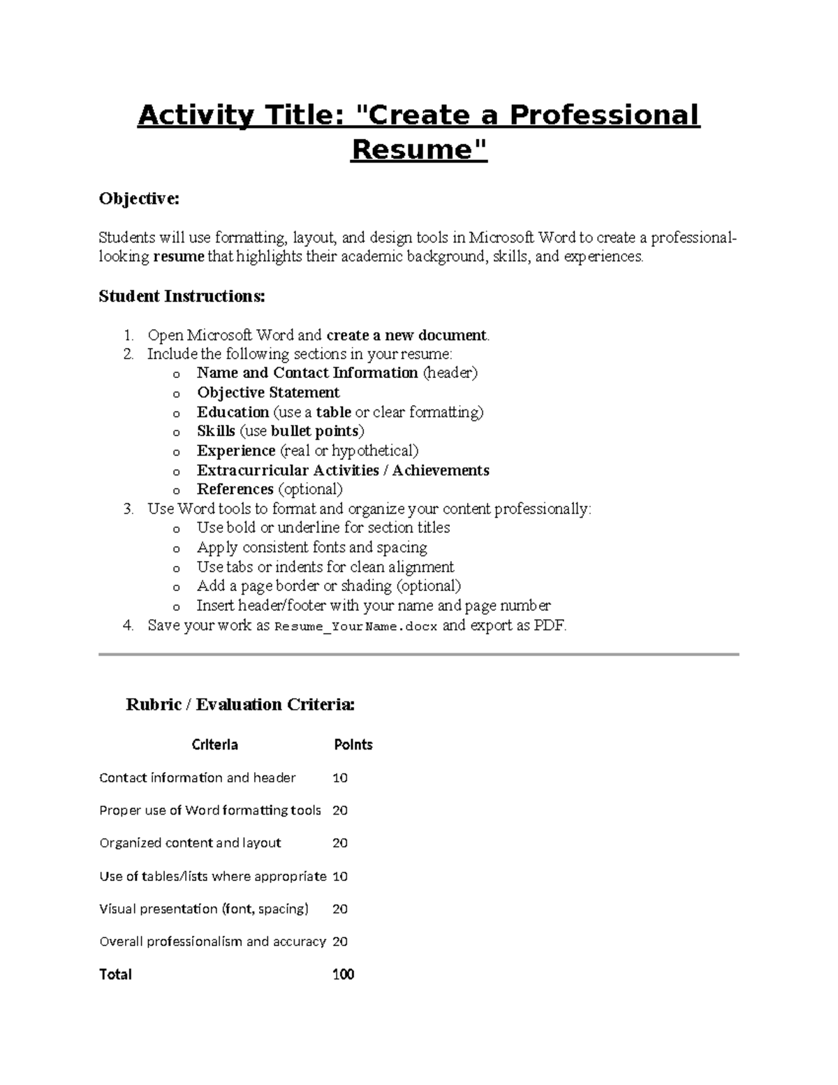 Activity 1: Creating a Professional Resume in MS Word - Studocu