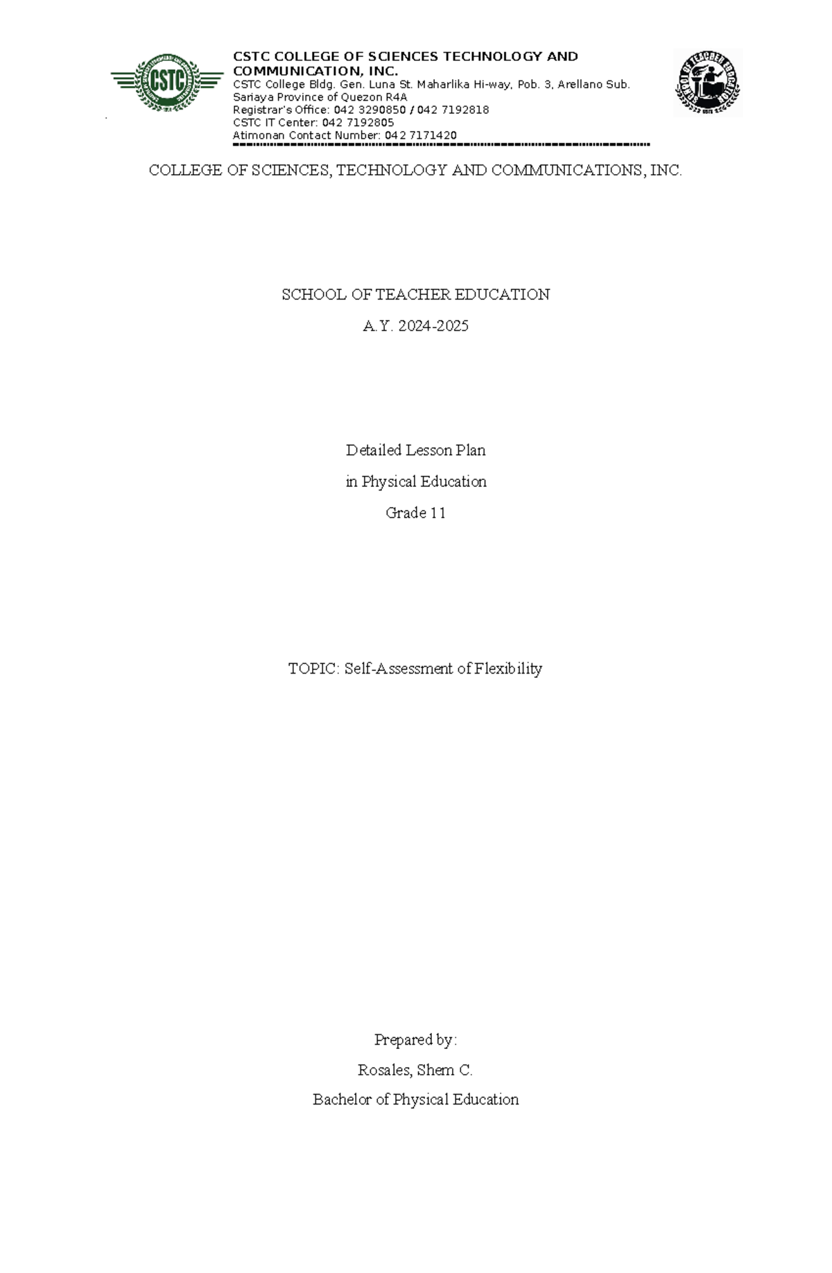 Detailed Lesson Plan: Self-Assessment of Flexibility - PE 11 - Studocu