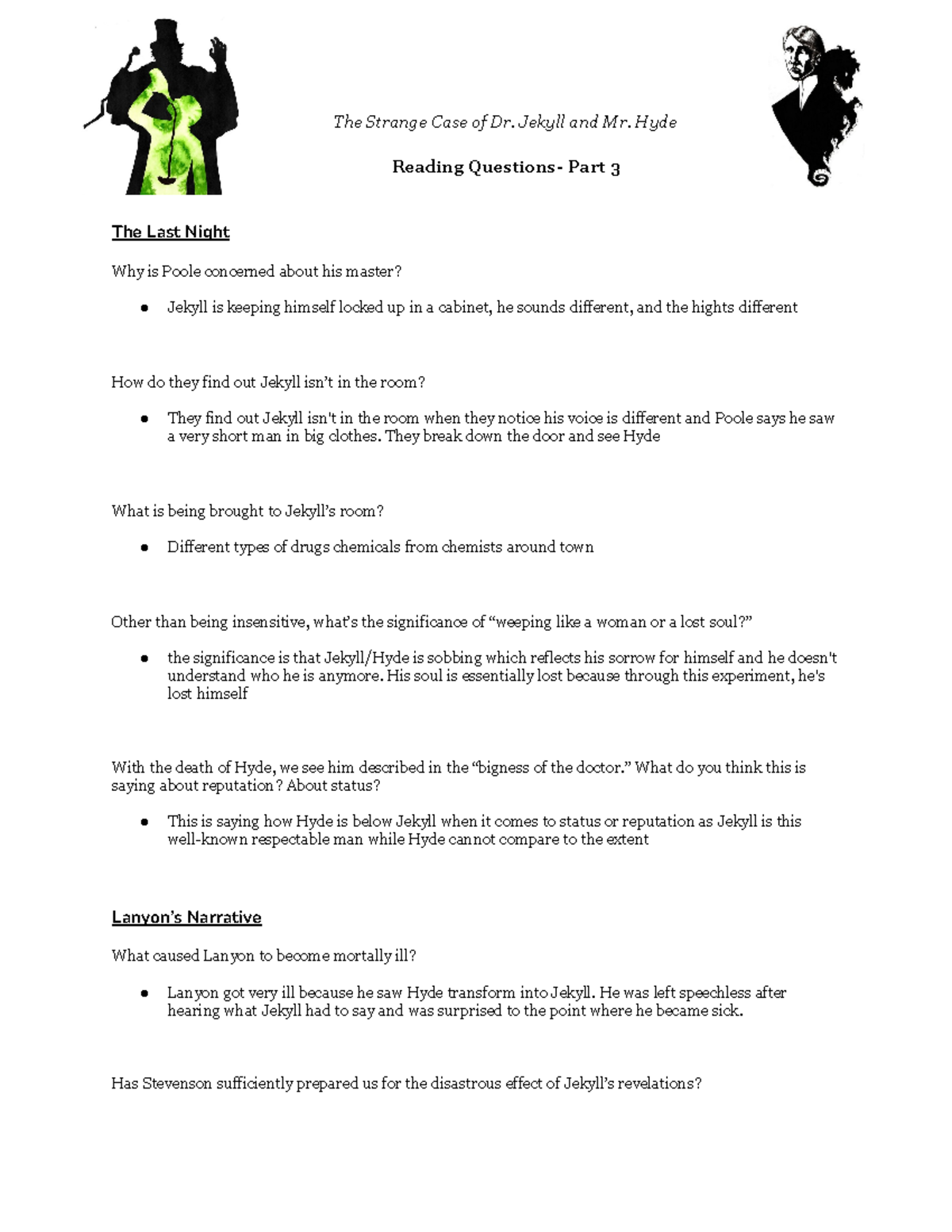 J & H Part 3 Reading Questions: Analyzing The Last Night - Studocu