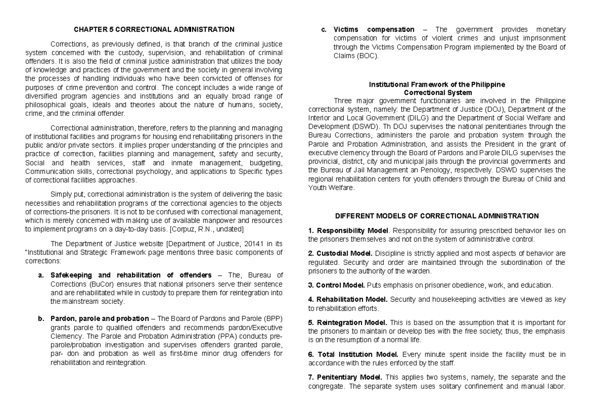 CA1 - Chapter 5 & 6: Overview of Institutional Corrections and Models ...