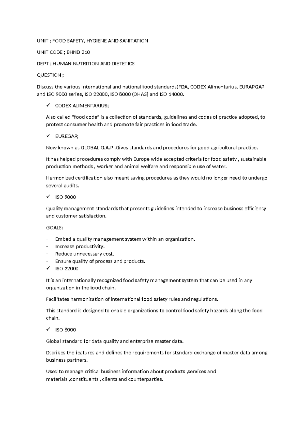 Food Safety Assignment: Standards & Practices (BHND 210) - Studocu