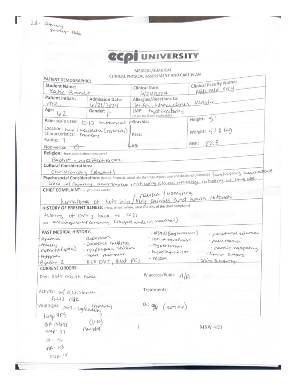 Clinical Nursing Care Plan: Patient with Hematoma & DVT (Med Surg ...