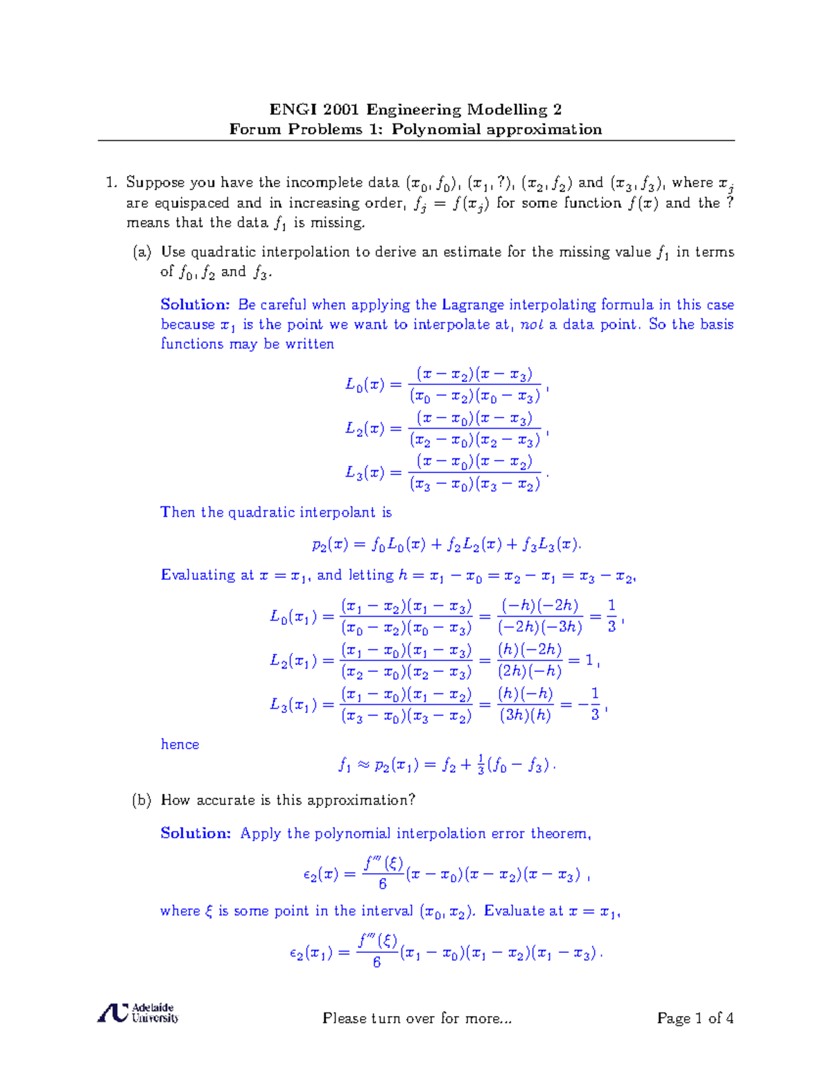 ENGI 2001 Final Exam Solutions: Polynomial Approximation Problems - Studocu