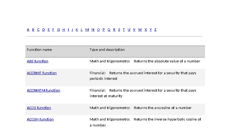 Excel Functions Overview - PFA - Studocu