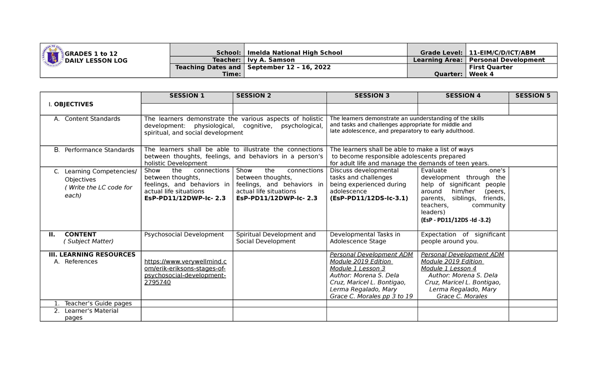 DLL- Perdev Q1 W4 Samson - GRADES 1 to 12 DAILY LESSON LOG School ...